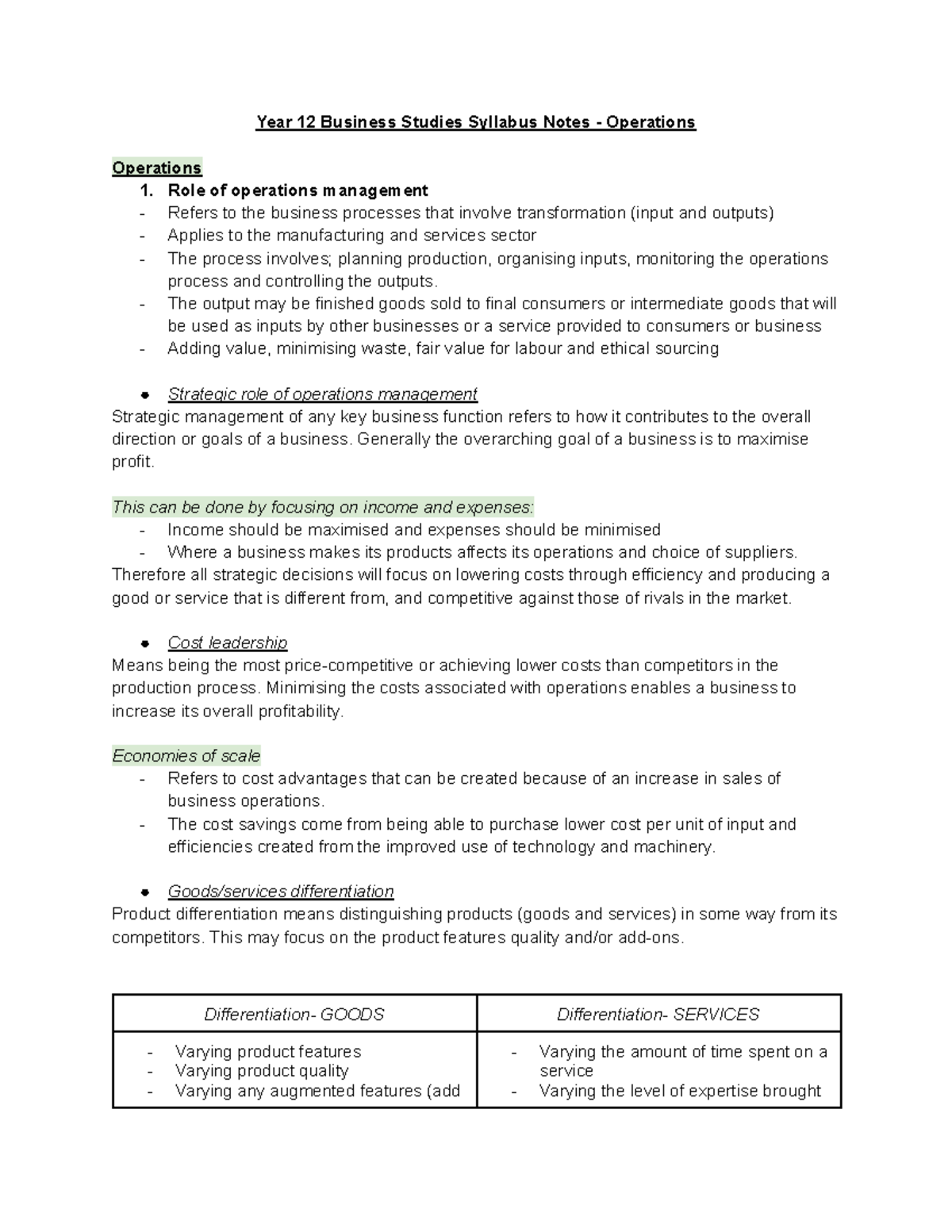 Year 12 Business Studies - Operations Management Syllabus Notes - Studocu