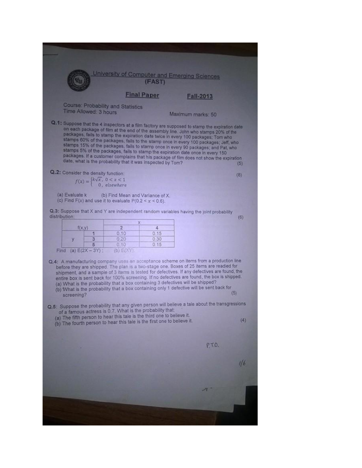 Probability and Statistics Final Exam - Fall 2013 (Course Code: Prob ...