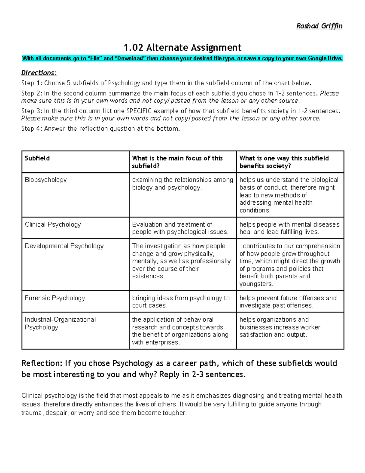 Psych 1.02 Alternate Assignment: Exploring Psychology Subfields - Studocu