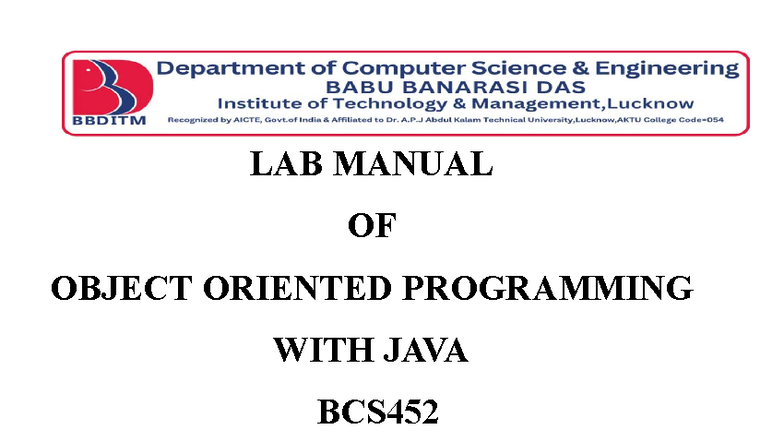 Lab Manual for OOP with Java - BCS452, 2nd Year CSE - Studocu
