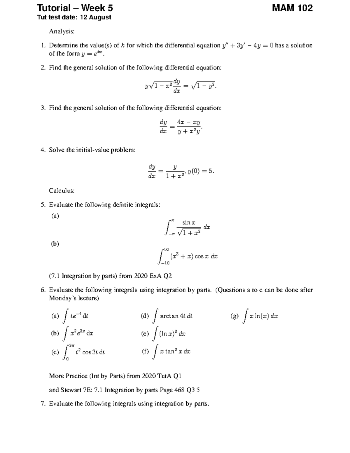 Tutorial Week 5 MAM 102: Differential Equations & Integrals - Studocu