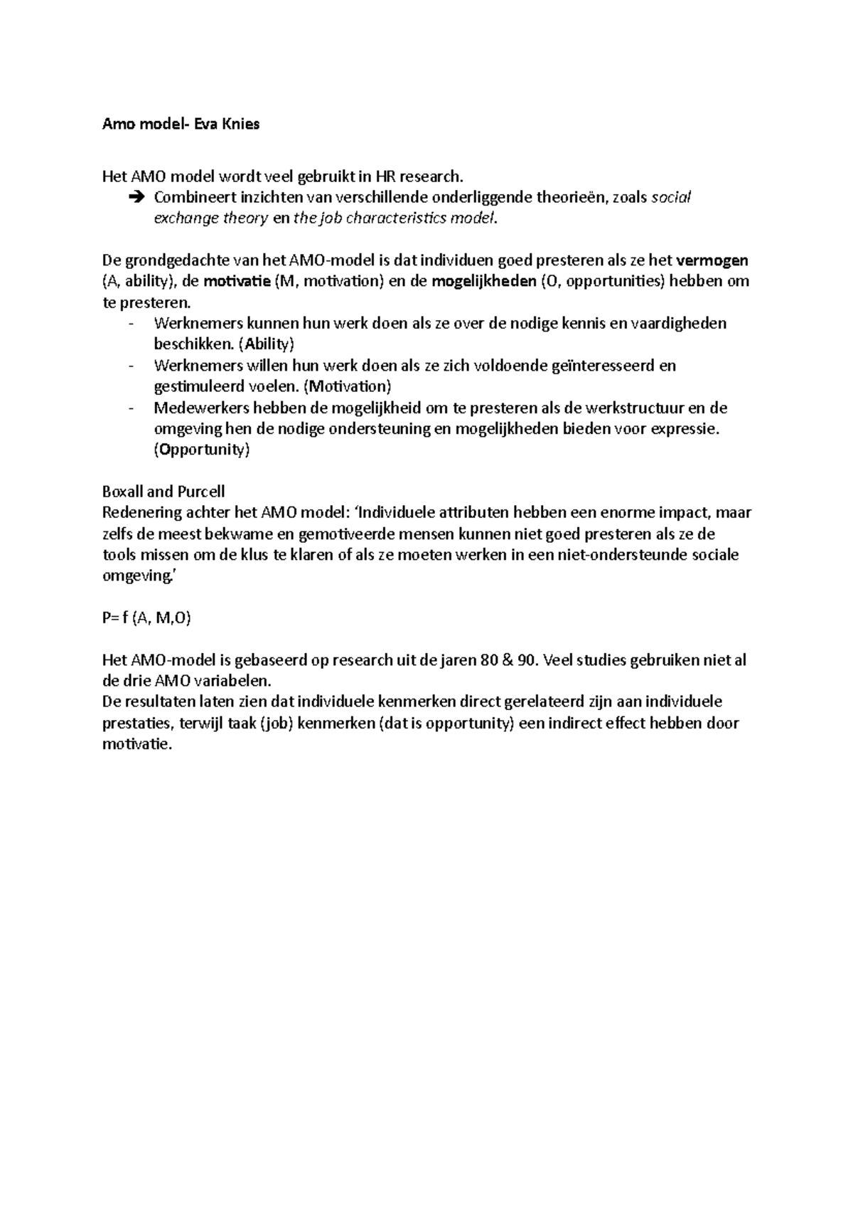 AMO Model Samenvatting: Inzichten in HR Onderzoek en Prestaties ...