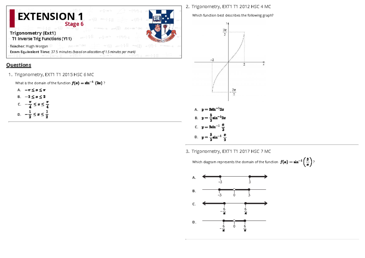 Inverse Trigonometry Notes - EXT1 T1 2012 HSC Exam Prep - Studocu