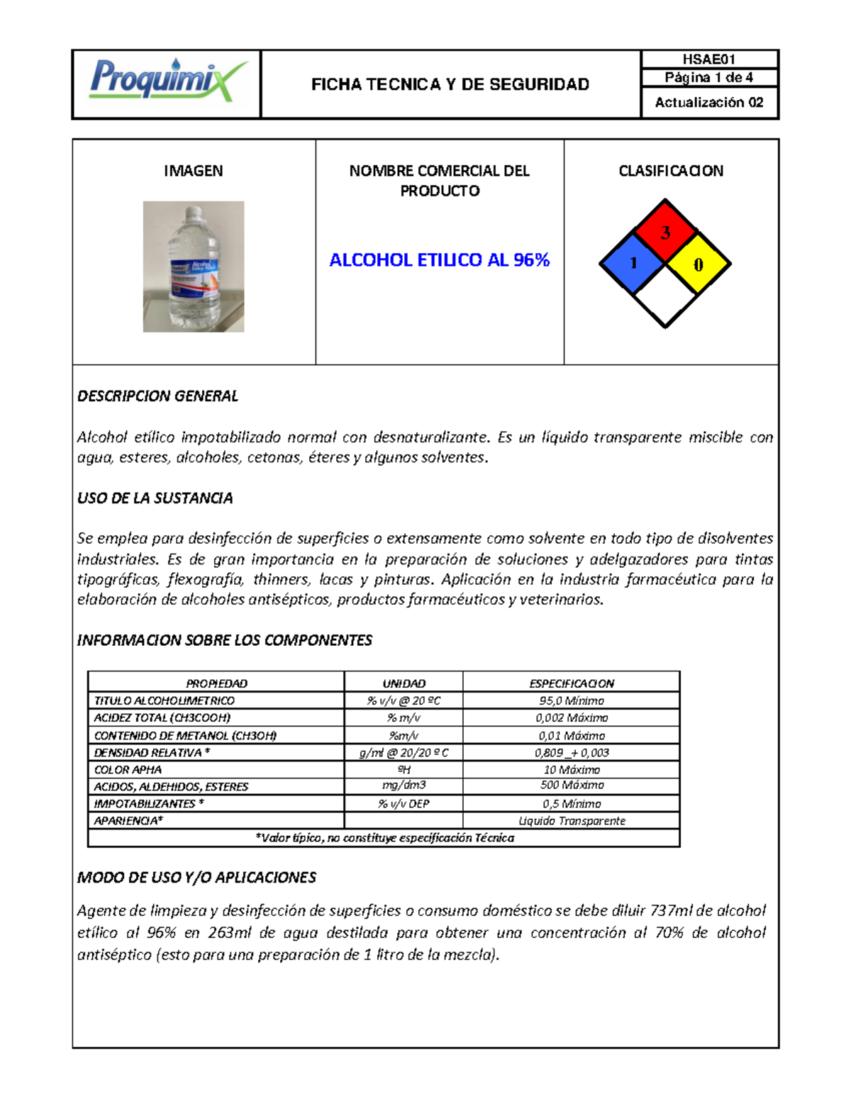 Ficha Tecnica Y DE Seguridad Alcohol Etilico AL 96% - FICHA TECNICA Y DE SEGURIDAD Página 1 de 4 ...