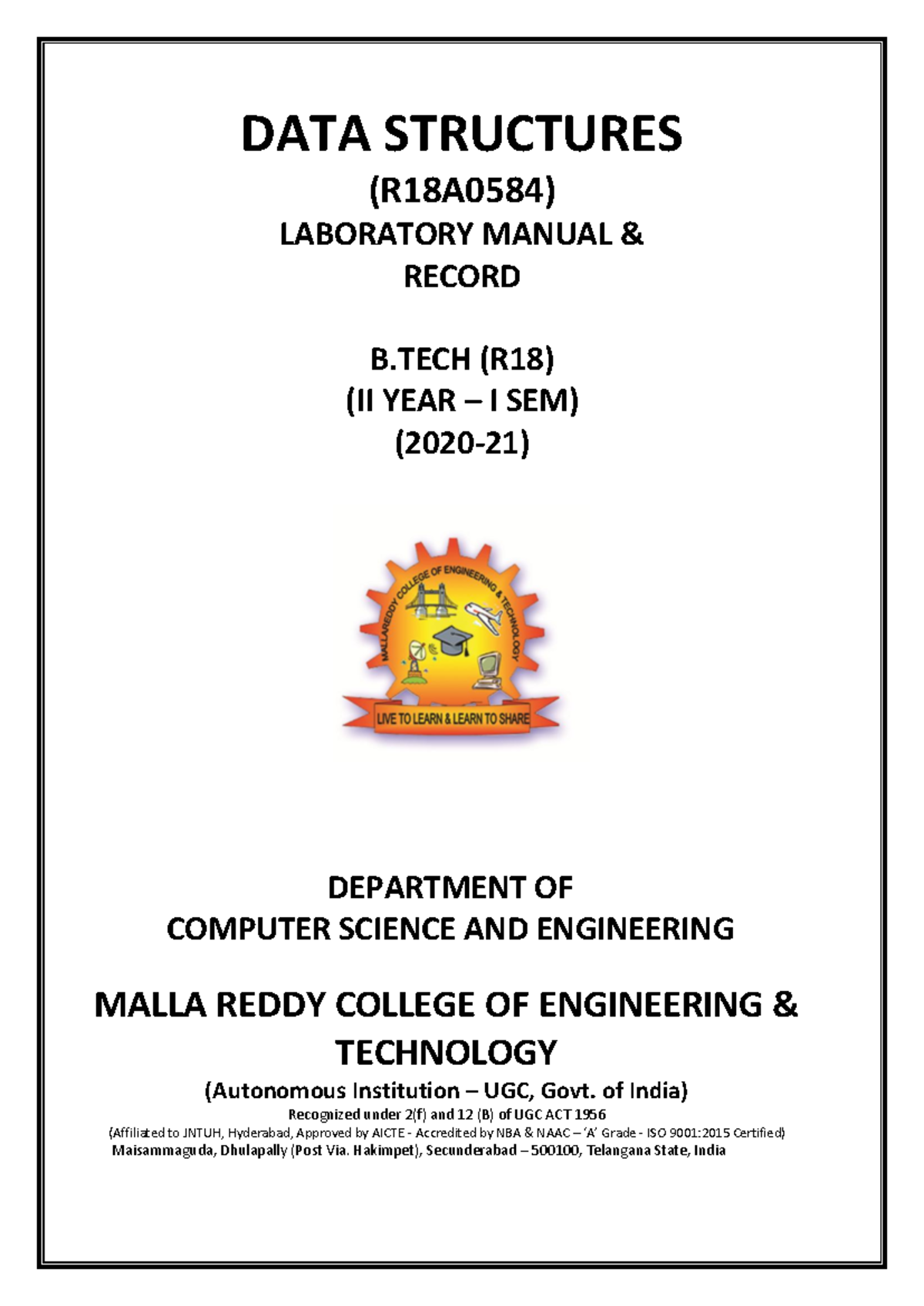Data Structures Lab Manual (R18A0584) for B.Tech CSE Students - Studocu