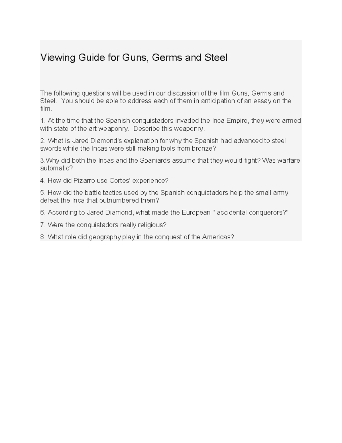 Viewing Guide for 'Guns, Germs, and Steel' - Discussion Questions ...