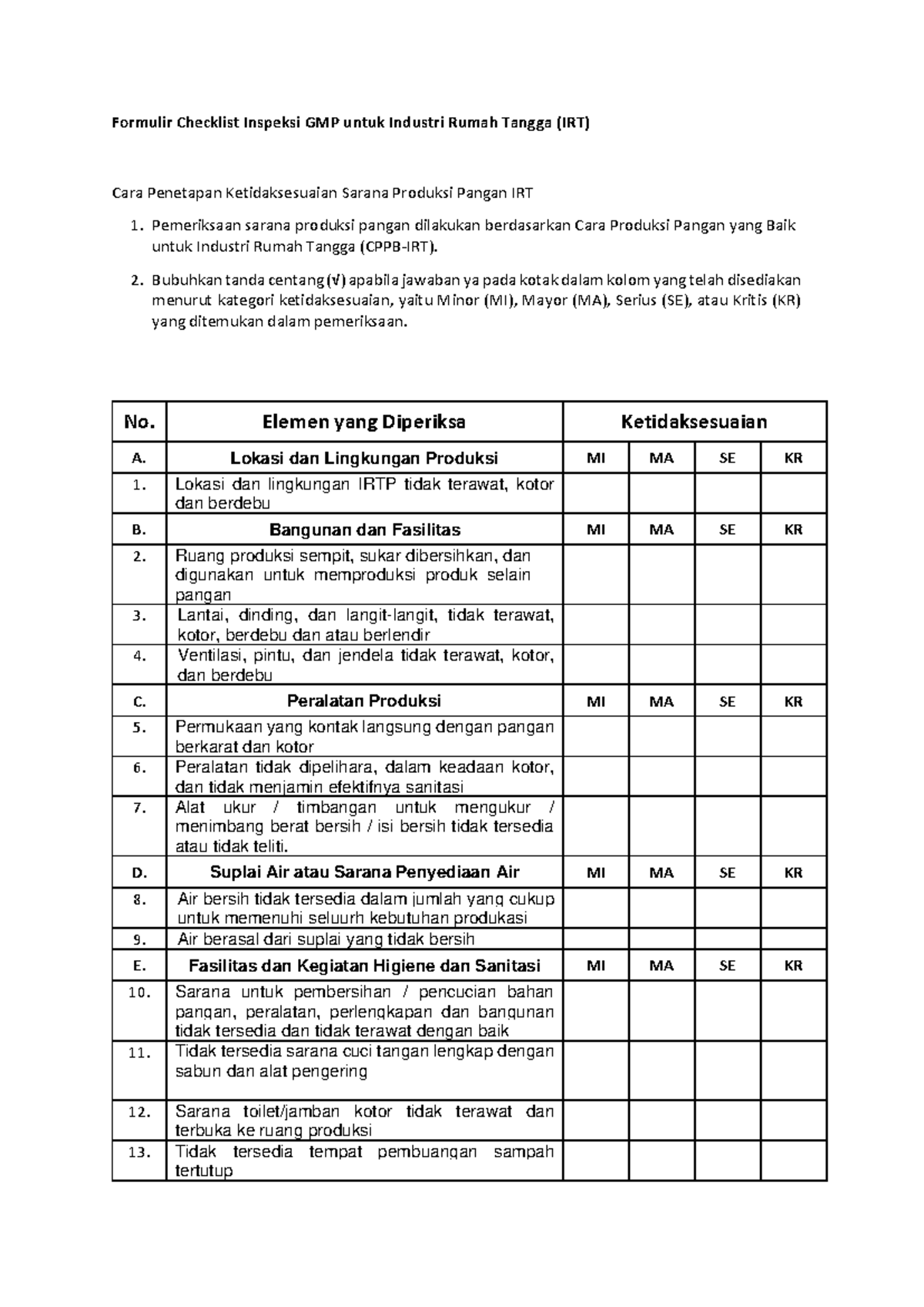 Checklist Inspeksi GMP untuk Industri Rumah Tangga (IRT) - Studocu