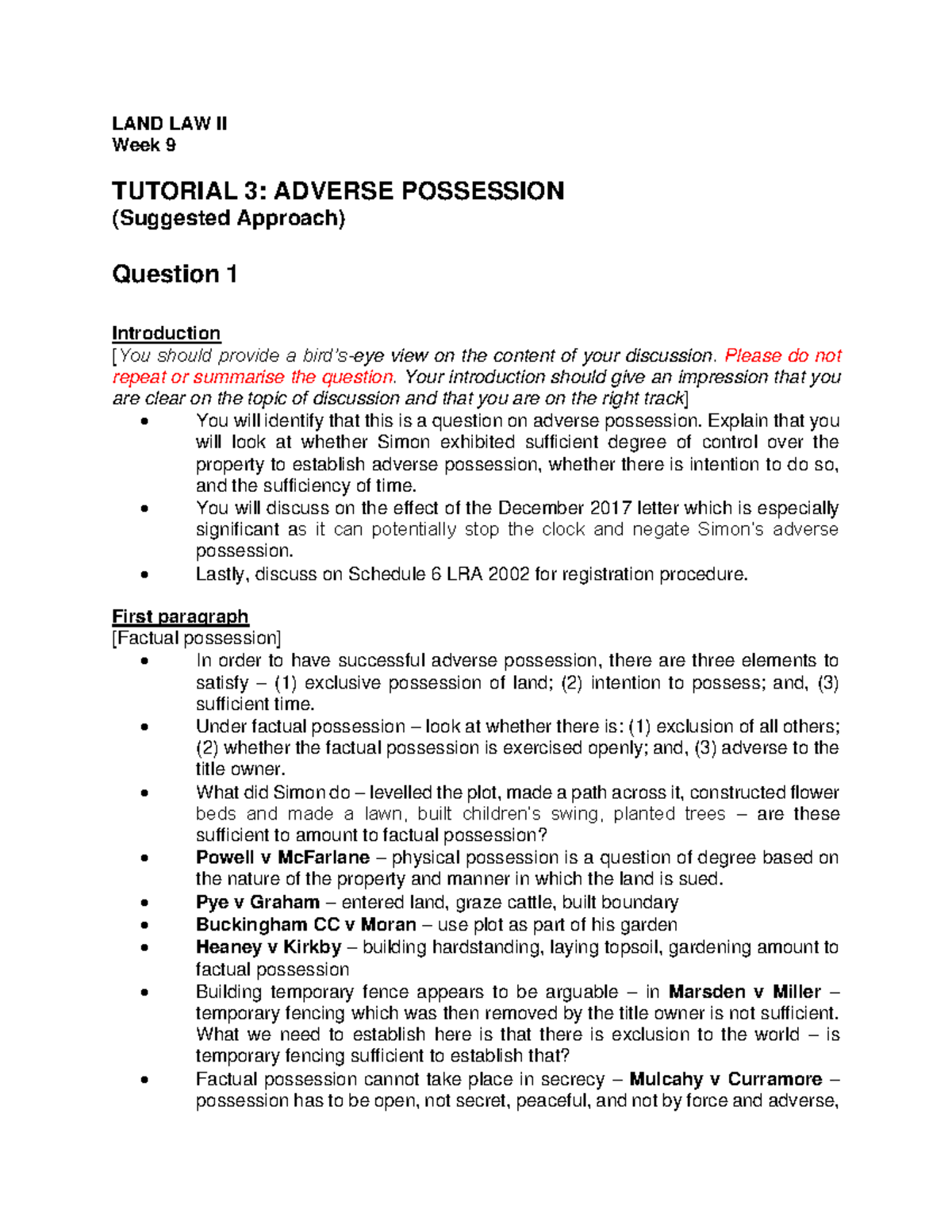 Tutorial 3 (WEEK 9) Adverse Possession ( Suggested Approach) (SEPT 2024 ...