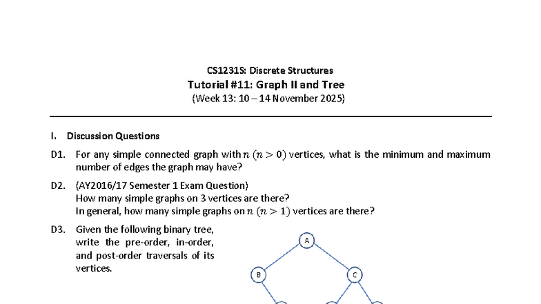 CS1231S: Discrete Structures Tutorial - Graphs & Trees (Week 13) - Studocu