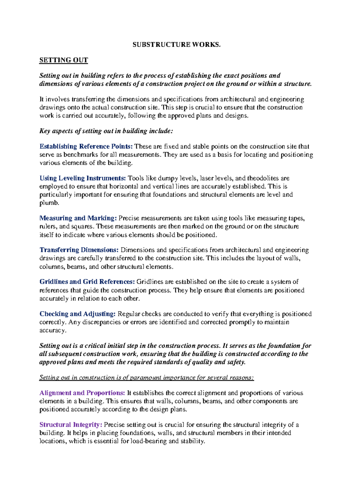 Substructure Works: Setting Out and Foundation Considerations - Studocu