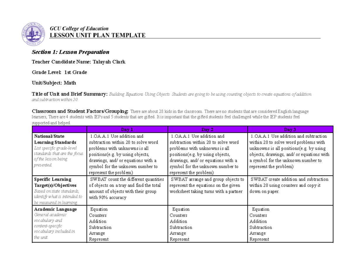 ECE-455 Unit plan - 100% - Section 1: Lesson Preparation Teacher ...