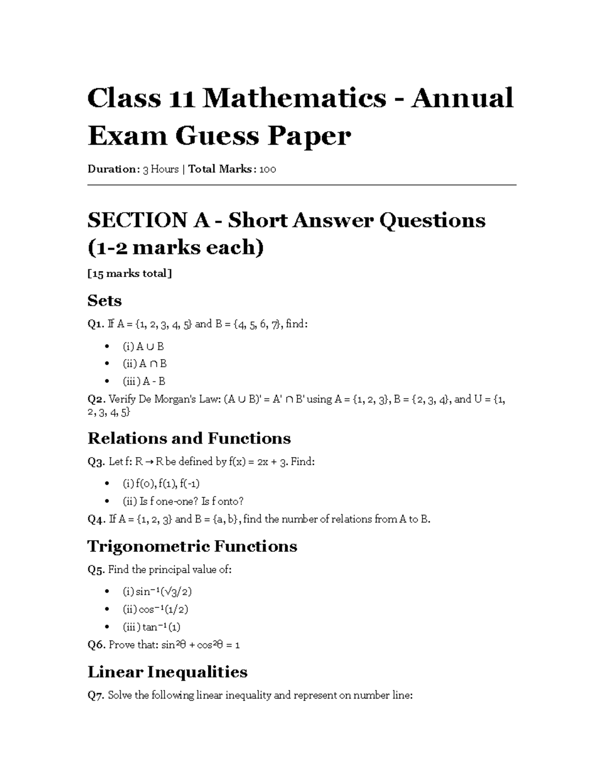 Class 11 Mathematics Annual Exam Guess Paper (100 Marks) - Studocu