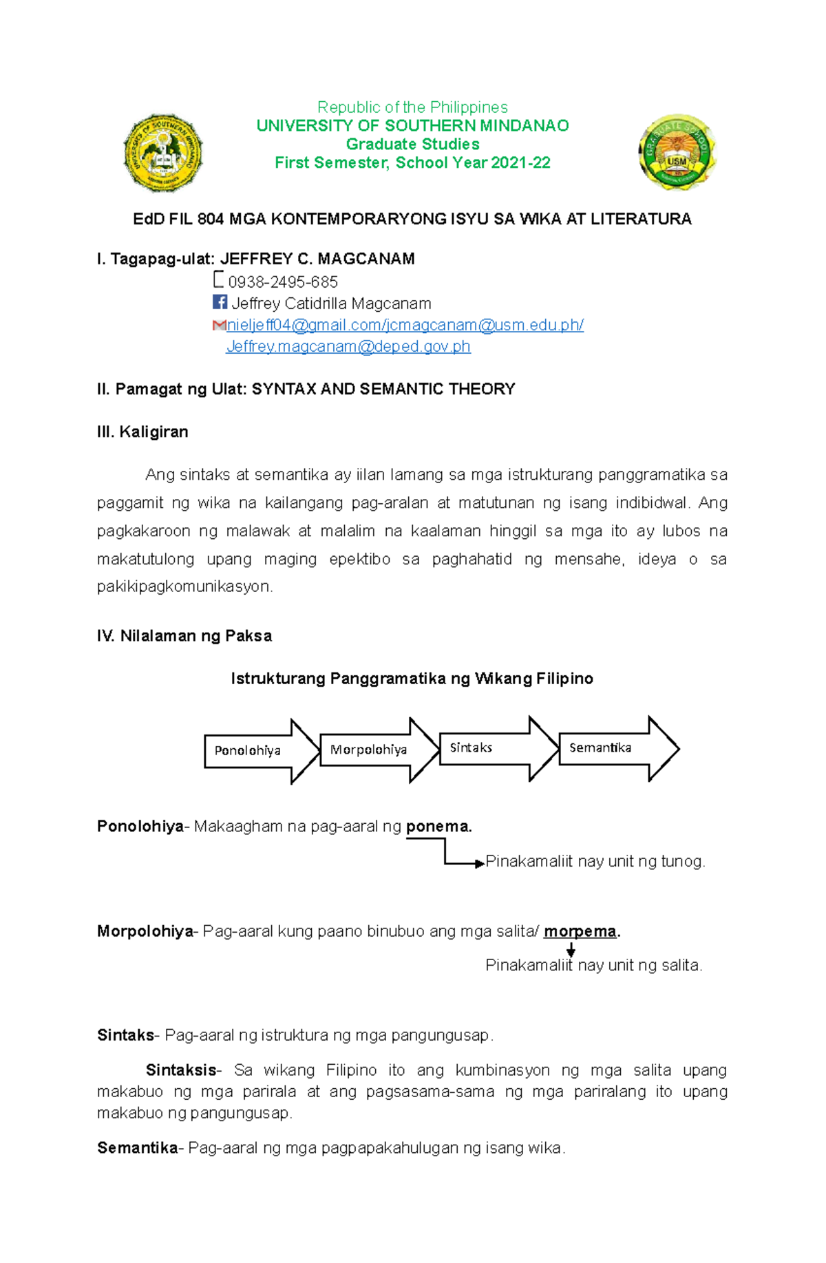 Syntax AND Semantic Theory - Republic of the Philippines UNIVERSITY OF ...