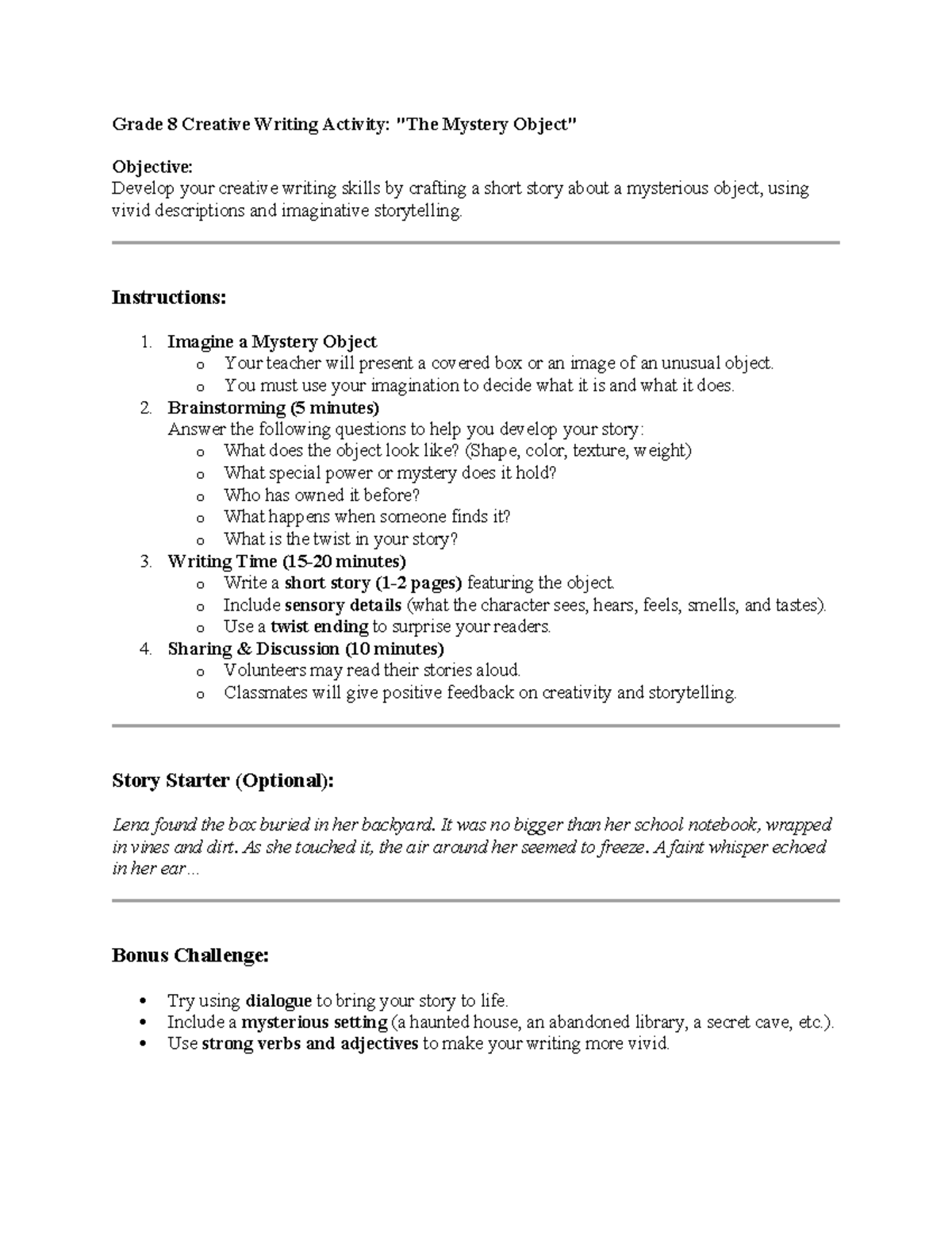 Grade 8 Creative Writing Activity: The Mystery Object Adventure - Studocu