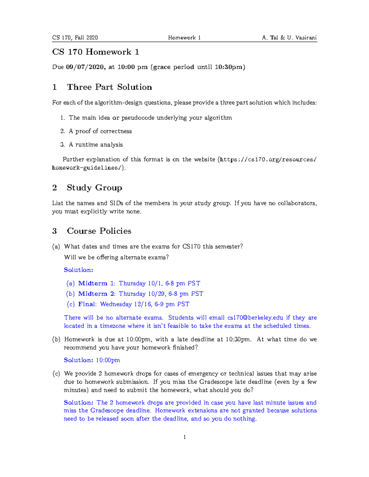 CS170 Fall 2020: Homework 1 Solutions and Guidelines - Studocu