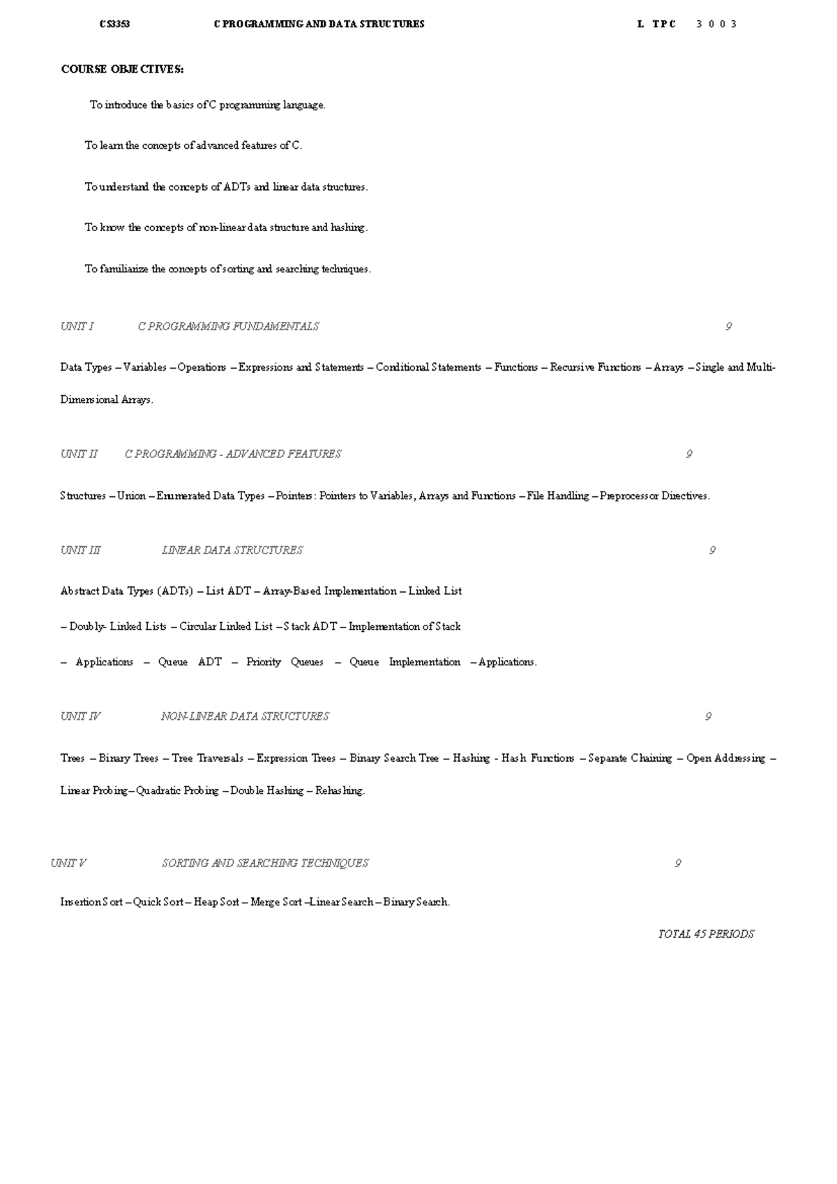 CS3353 C Programming & Data Structures Syllabus Overview - Studocu