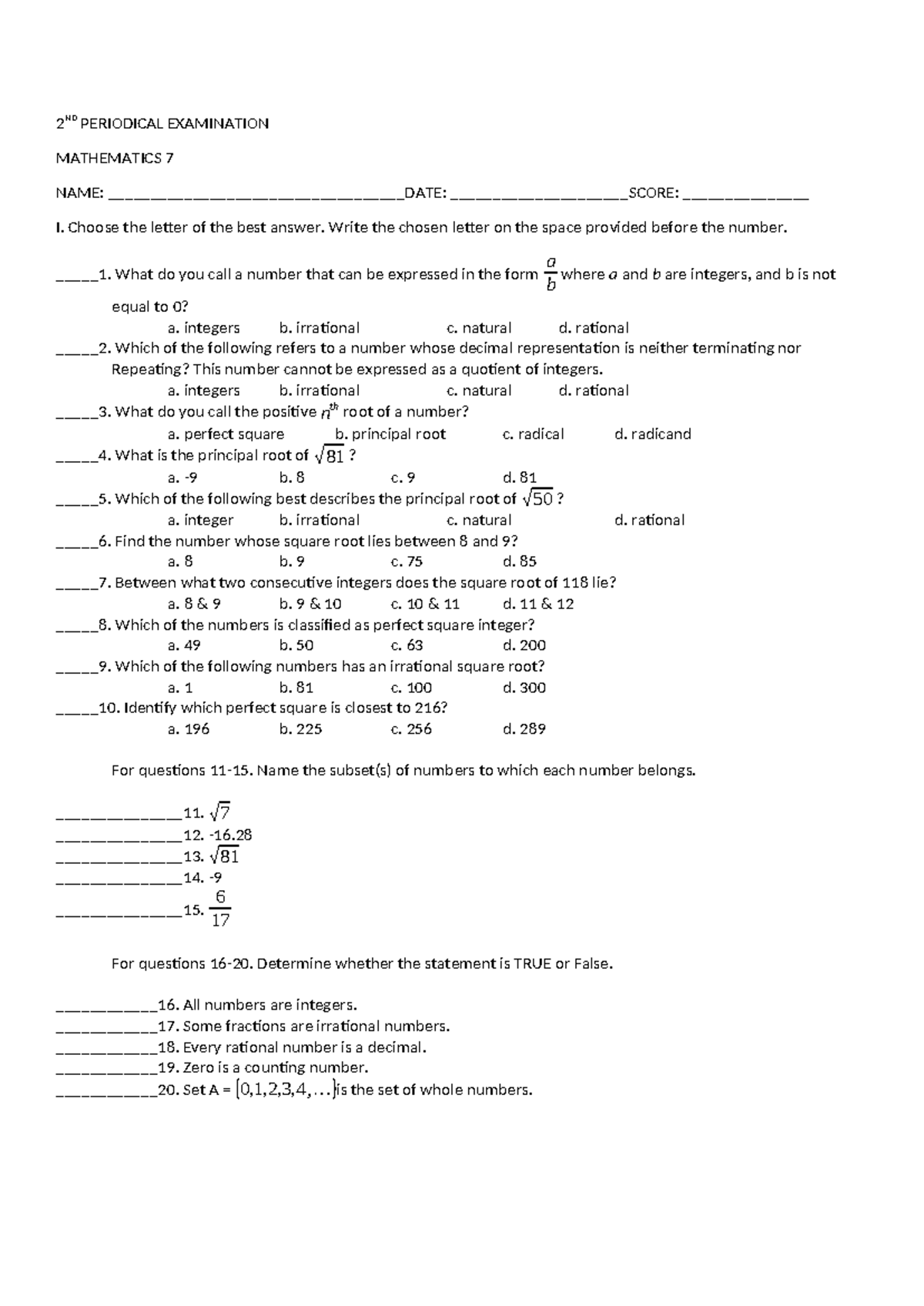 Math 7 2nd Periodical Exam Review 22-23 - Studocu