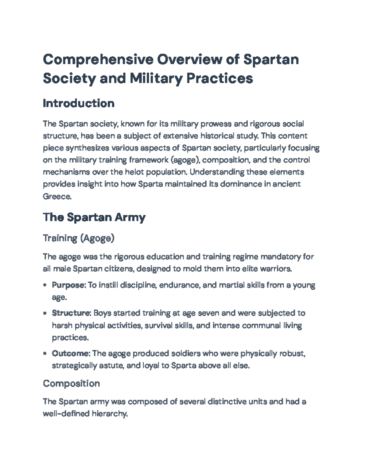 Spartan Society: Military Training, Army Composition, and Helot Control ...