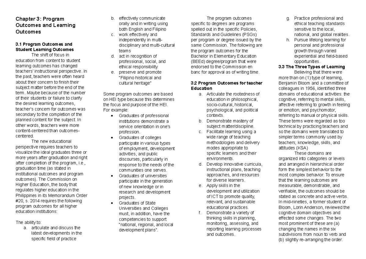 Ai L 1 Chapter 3 - Program Outcomes and Learning Processes - Studocu