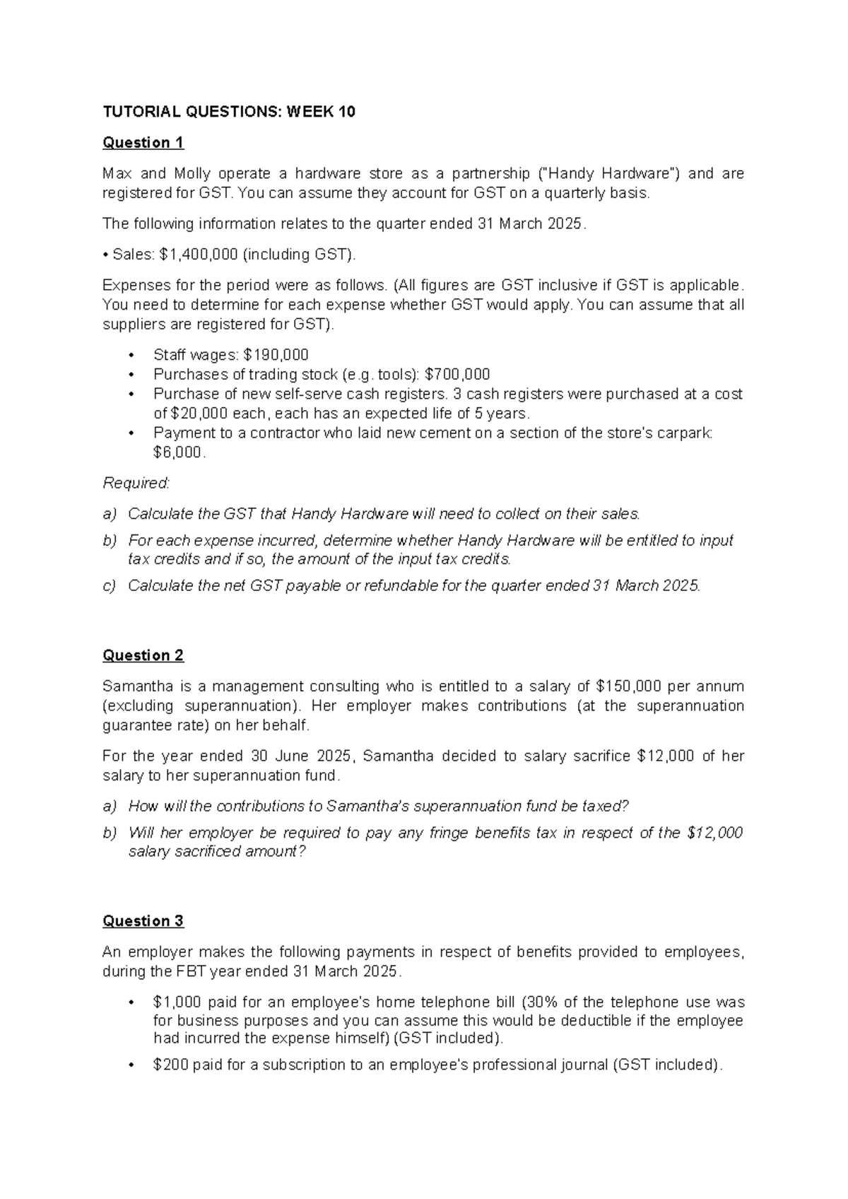 Tutorial Questions: Week 10 - GST and Salary Sacrifice Analysis - Studocu