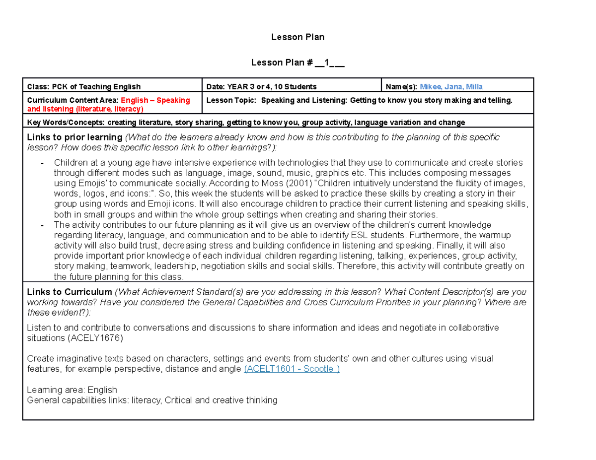 PCK Lesson Plan WEEK1docx - Lesson Plan Lesson Plan # 1_ Class: PCK of Teaching English Date ...
