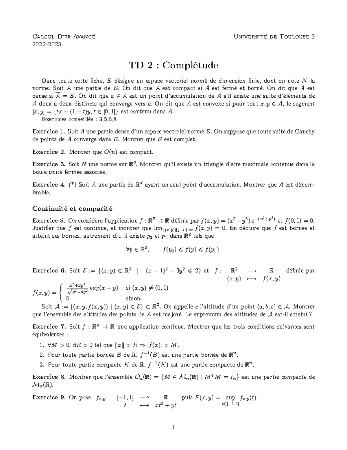 TD2-2023 - TD de Calcul différentiel - Calcul Diff Avancé Université de Toulouse 3 2022- TD 2 ...