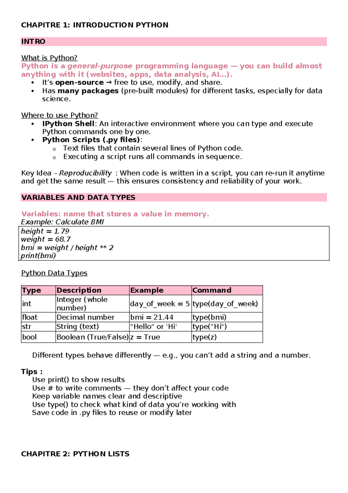 CHAPITRE 1: INTRODUCTION À PYTHON - Concepts et Fonctions Clés - Studocu