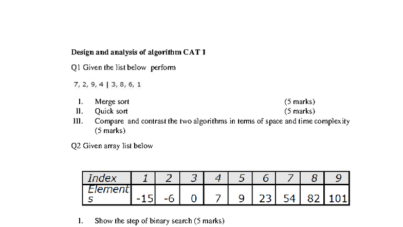 Design and Analysis of Algorithms CAT 1: Exam Questions and Solutions ...