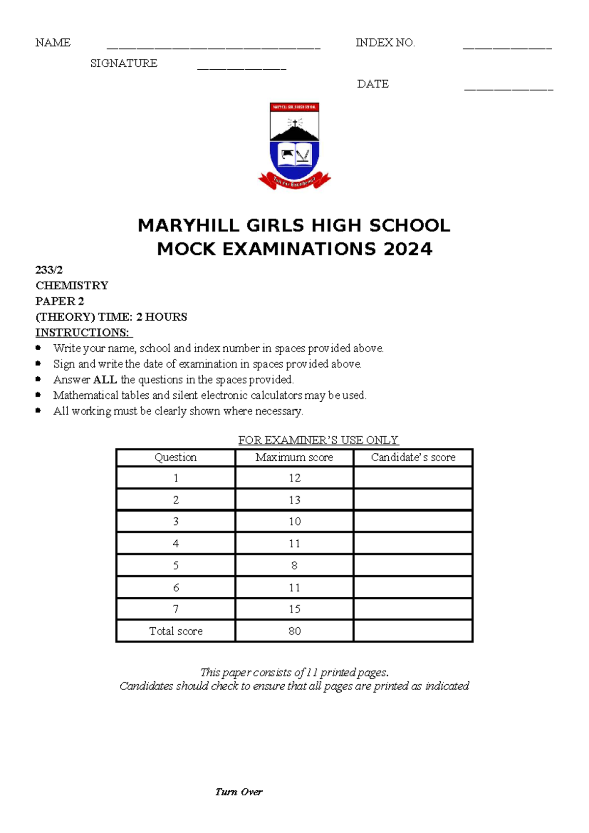 Chemistry Mock Exam 2024 - Paper 2 (Theory) - Studocu