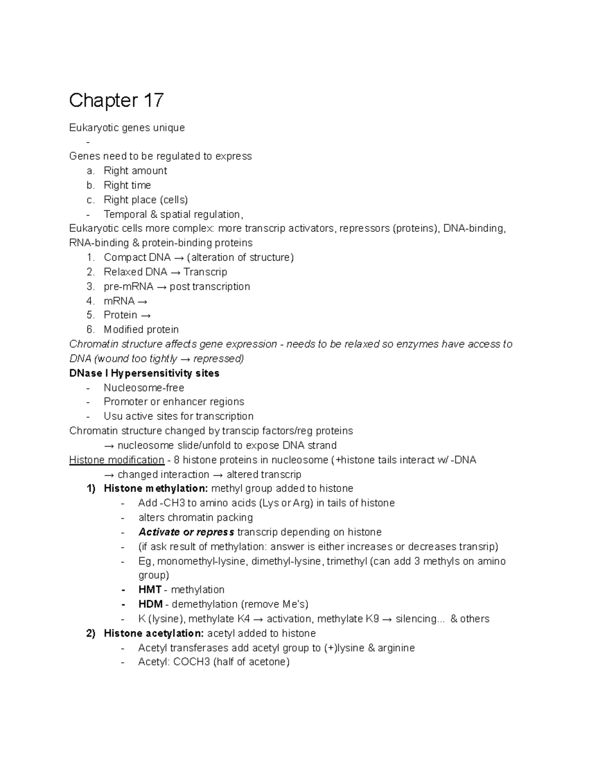 Genetics Unit 4 - Professor: Dr. Zhang - Chapter 17 Eukaryotic genes ...