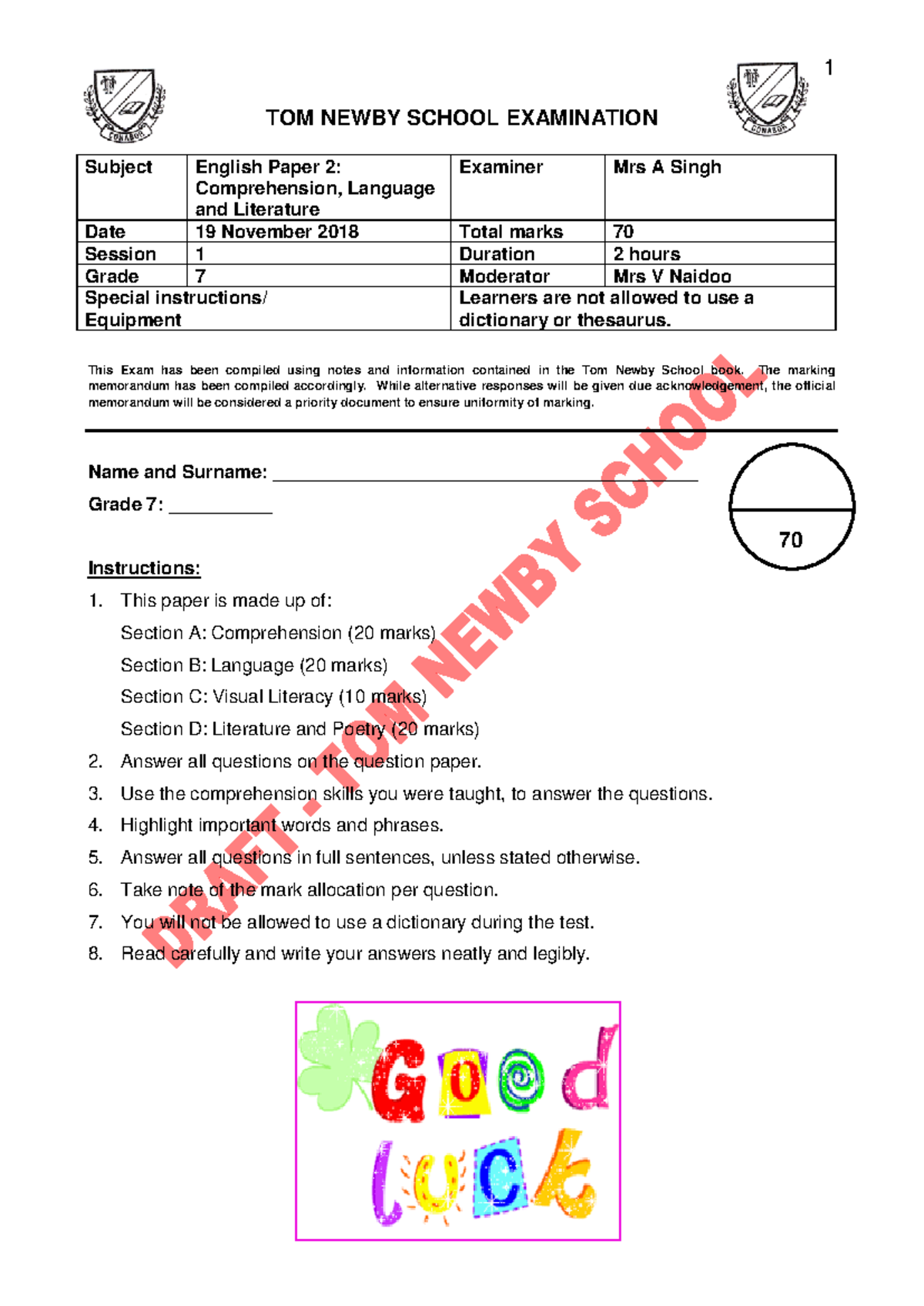 Grade 7 English Exam November 2018 watermark - TOM NEWBY SCHOOL ...