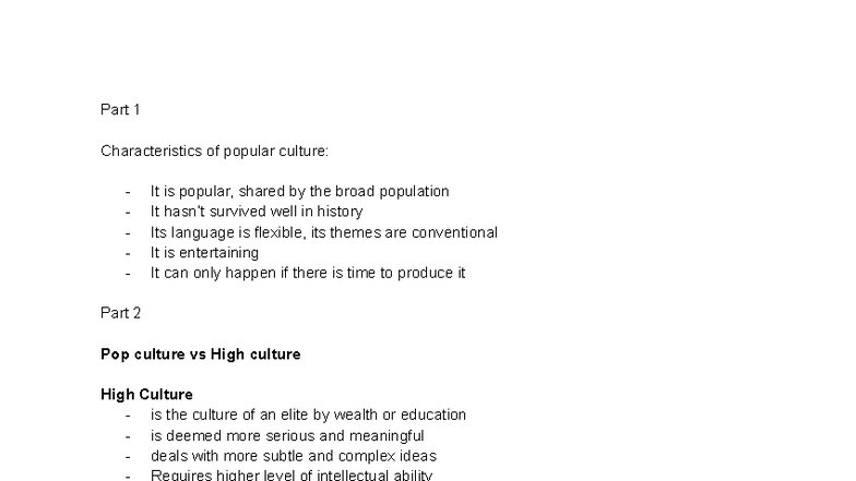 Week 1 Notes: Characteristics of Popular Culture and Its Comparisons ...