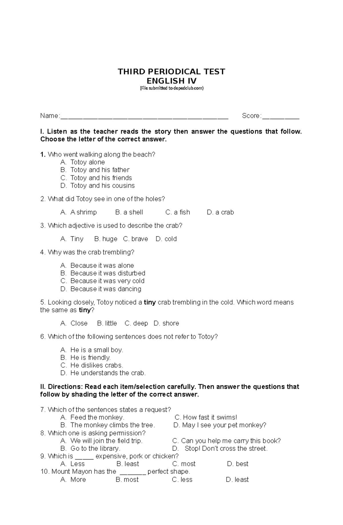 English 4 Third Periodical Test Questions & Answer Key - Studocu