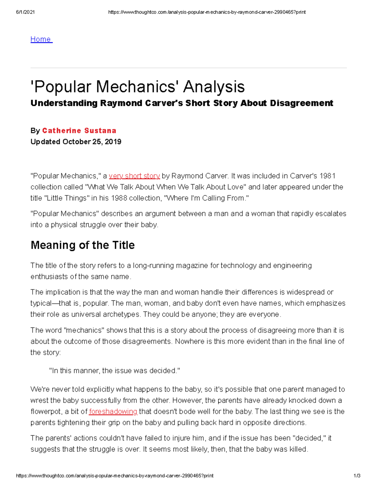 Analysis of "Popular Mechanics" by Raymond Carver 2990465 - Studocu