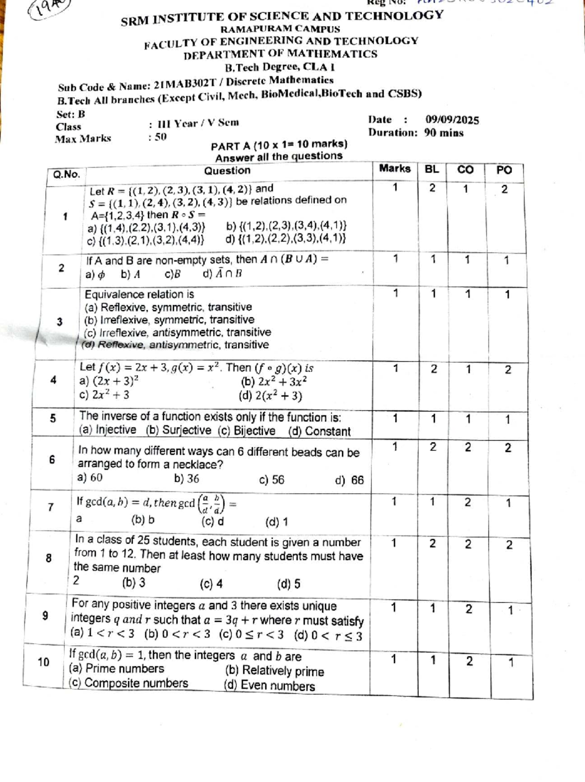 DM CT-1 Discrete Mathematics Class Test Question Paper - 09 Sept 2025 ...
