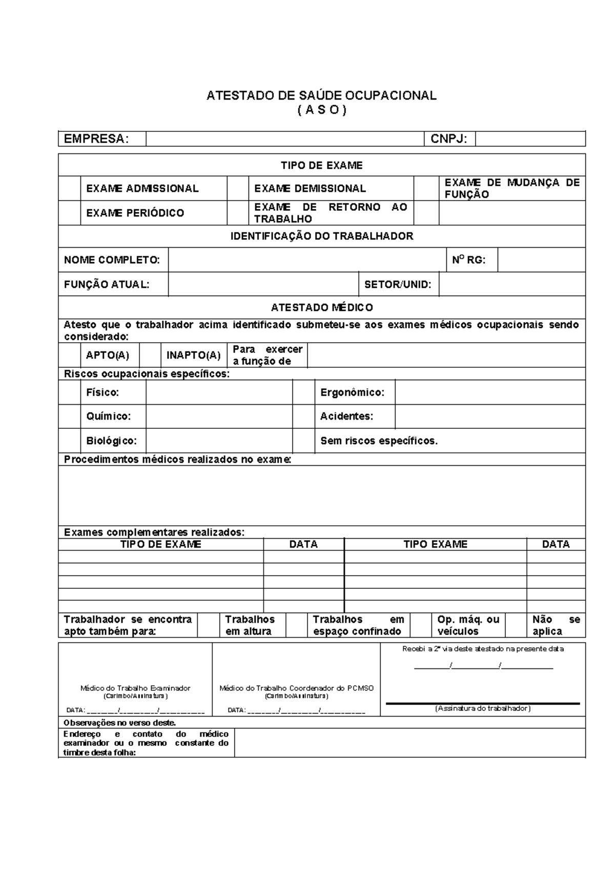 Modelo DE ASO HBS - ATESTADO DE SAÚDE OCUPACIONAL ( A S O ) EMPRESA ...