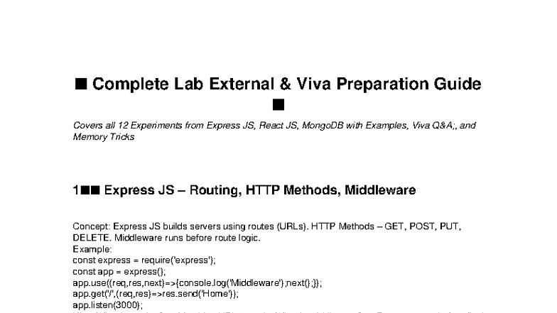 Full Lab External Revision Guide: Express JS, React JS, MongoDB - Studocu