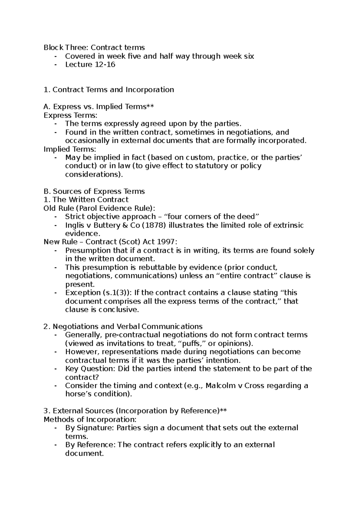 Block Three: Contract Terms & Incorporation - Week 5-6 Lecture Notes ...