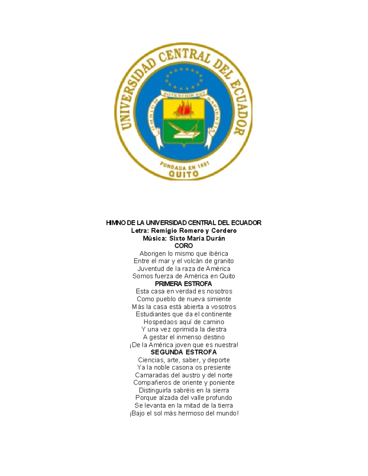 Himno de la Universidad Central del Ecuador - Letra y Música - Studocu