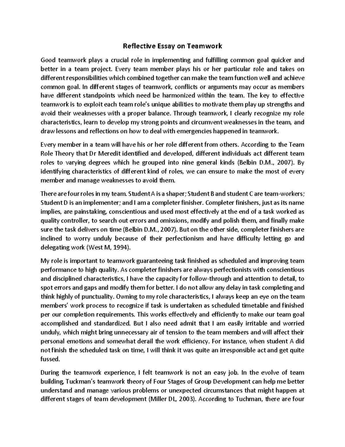 Reflective Essay on Teamwork: Insights from Tuckman's Theory - Studocu