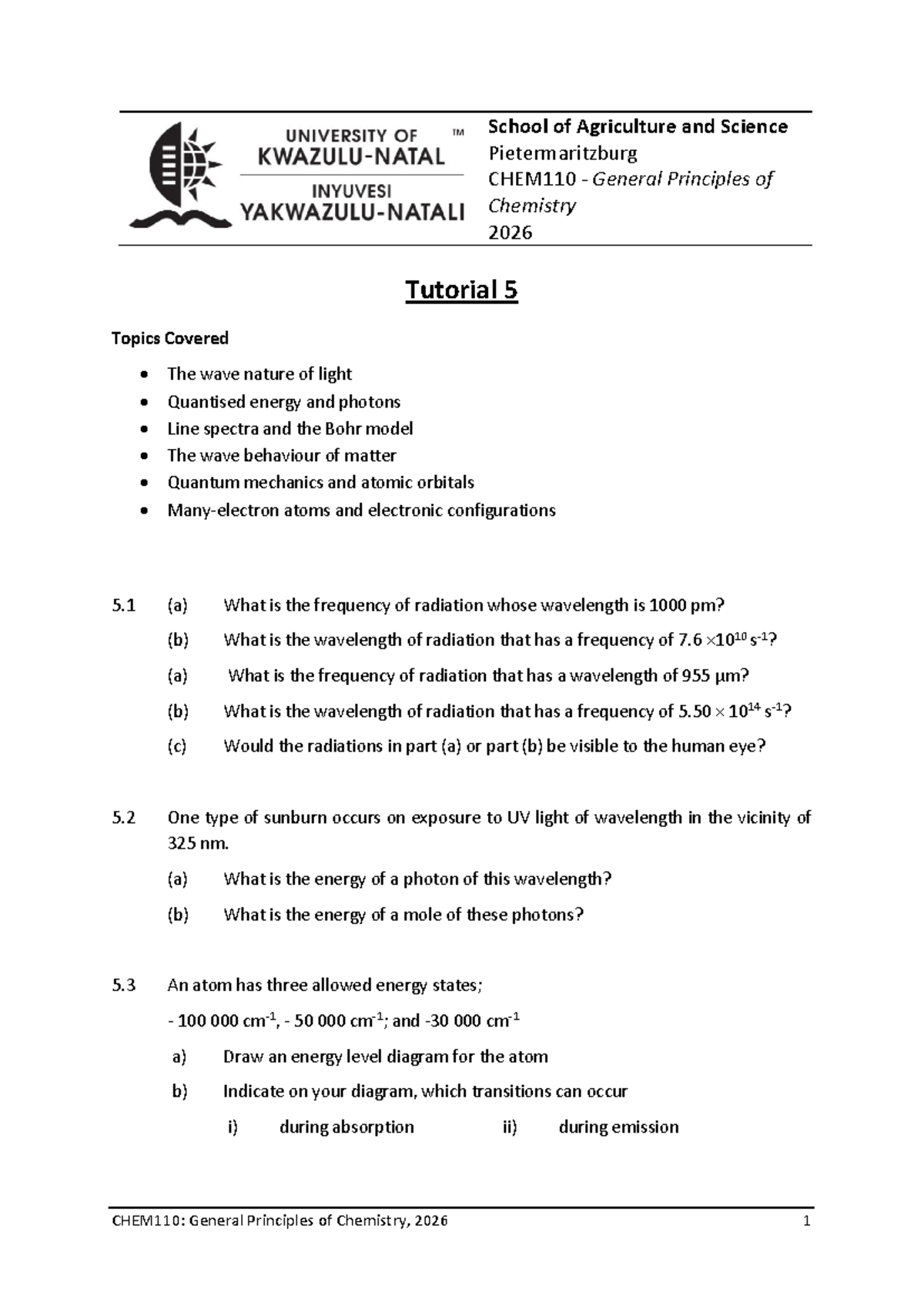 CHEM110: General Principles of Chemistry 2026 Tutorial 5 Notes - Studocu