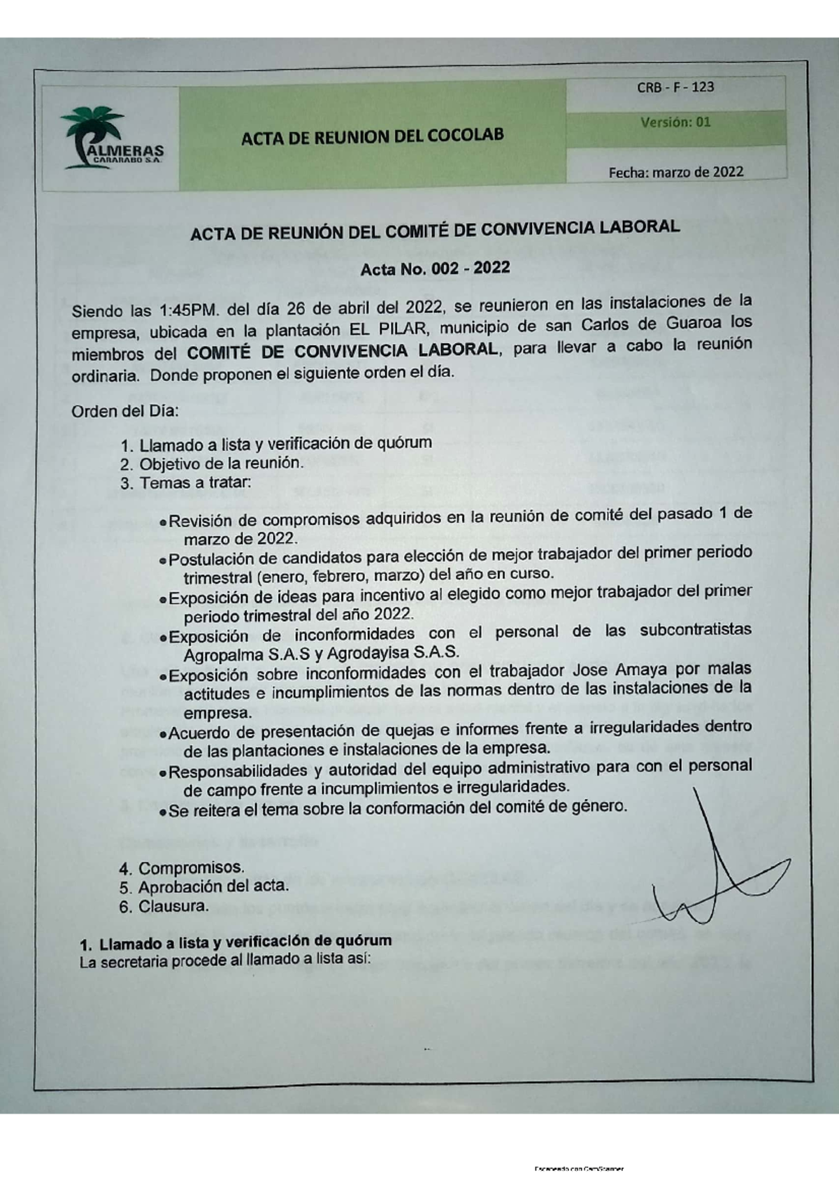 Acta de Comité de Convivencia Laboral - Ejemplo de Cocolab 2 - Studocu