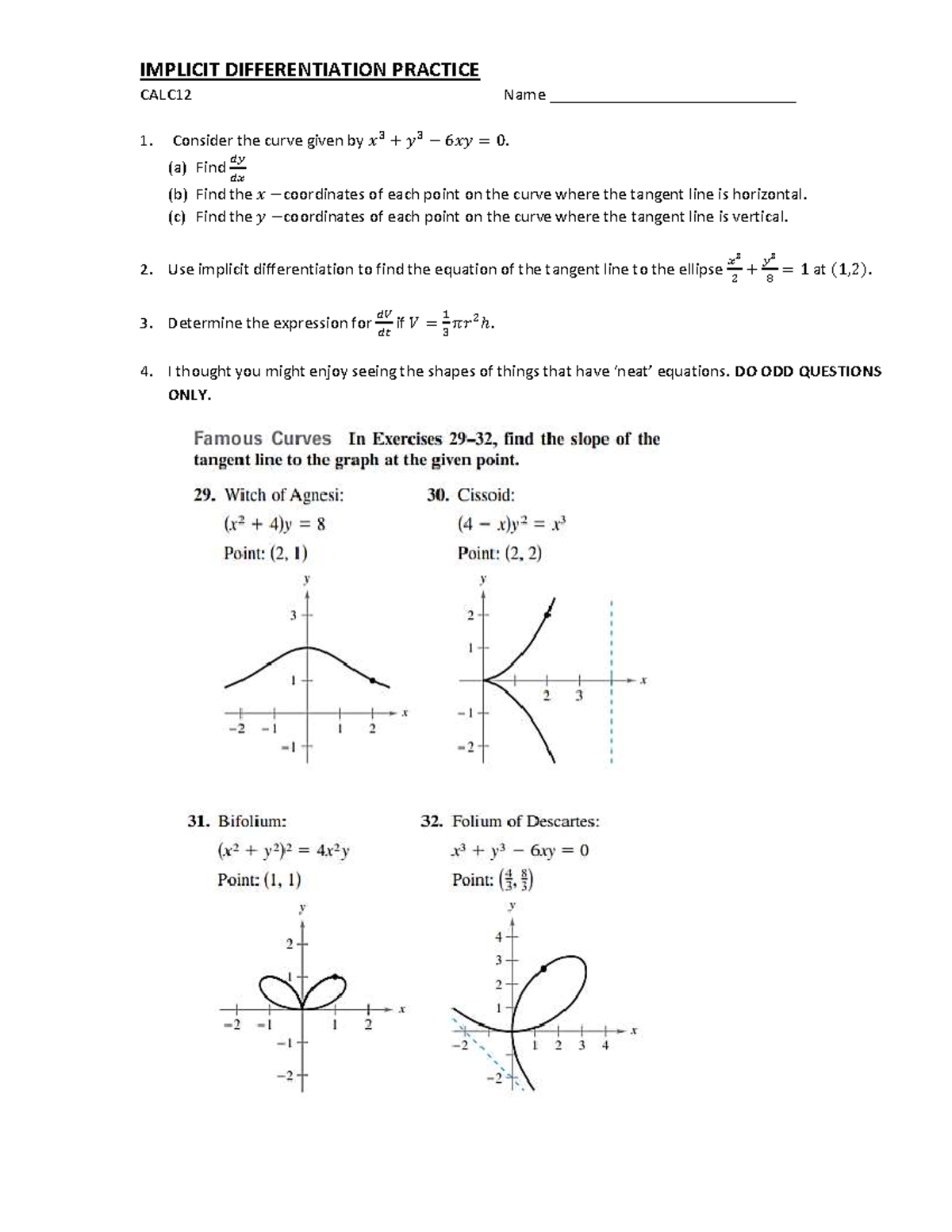 Implicit Differentiation Practice - CALC12 - 2020 - Studocu