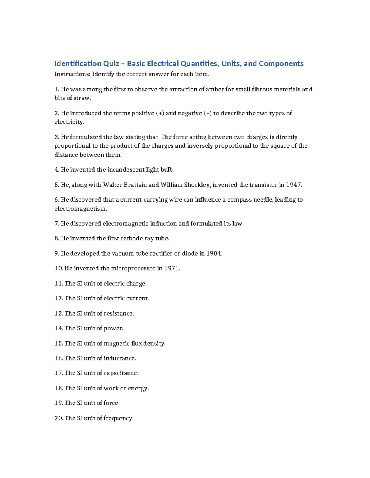 Identification Quiz EE 101: Basic Electrical Quantities & Components - Studocu