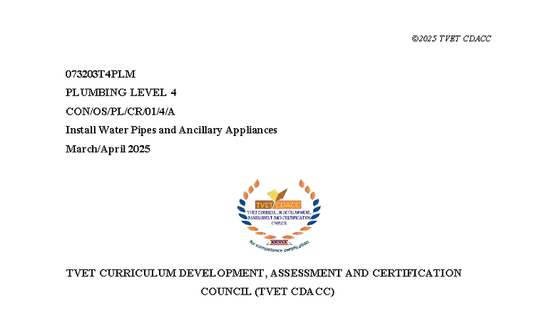 TVET CDACC 073203T4PLM Plumbing Level 4 Practical Assessment Guide ...