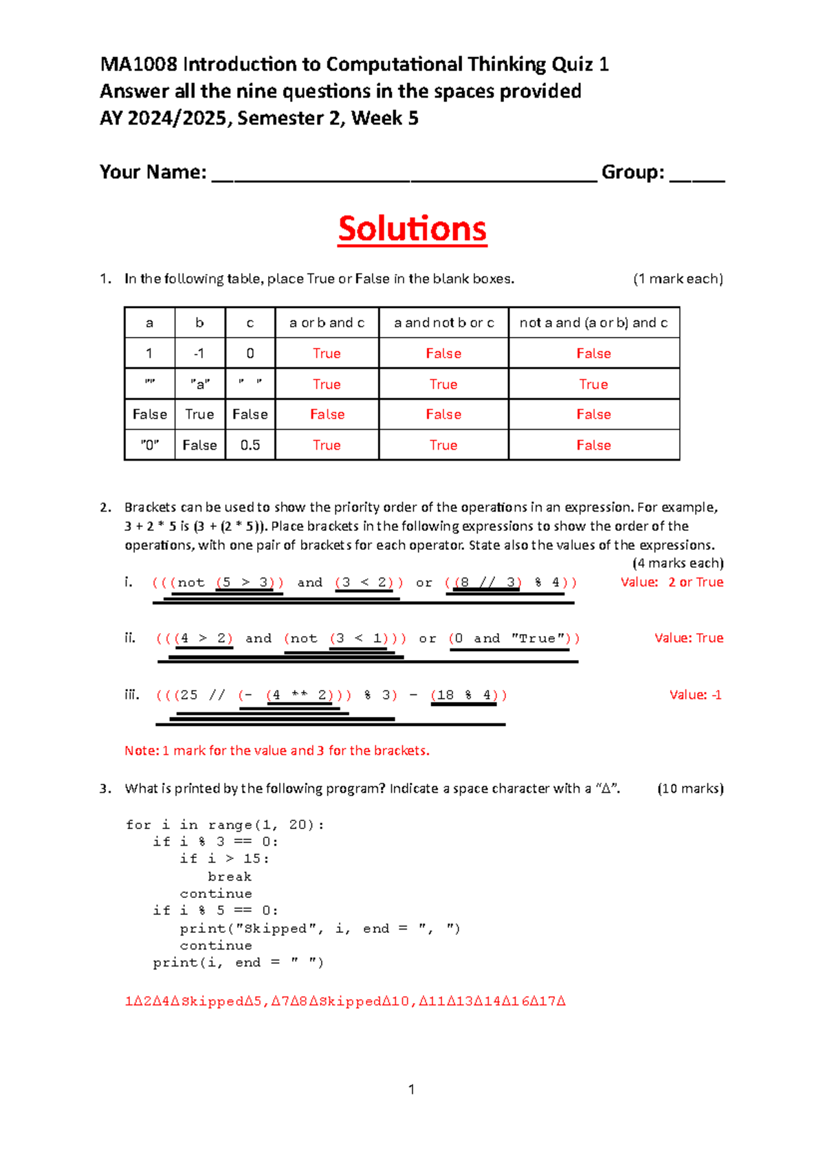 MA1008 Introduction to Computational Thinking Quiz 1 Solutions - Studocu
