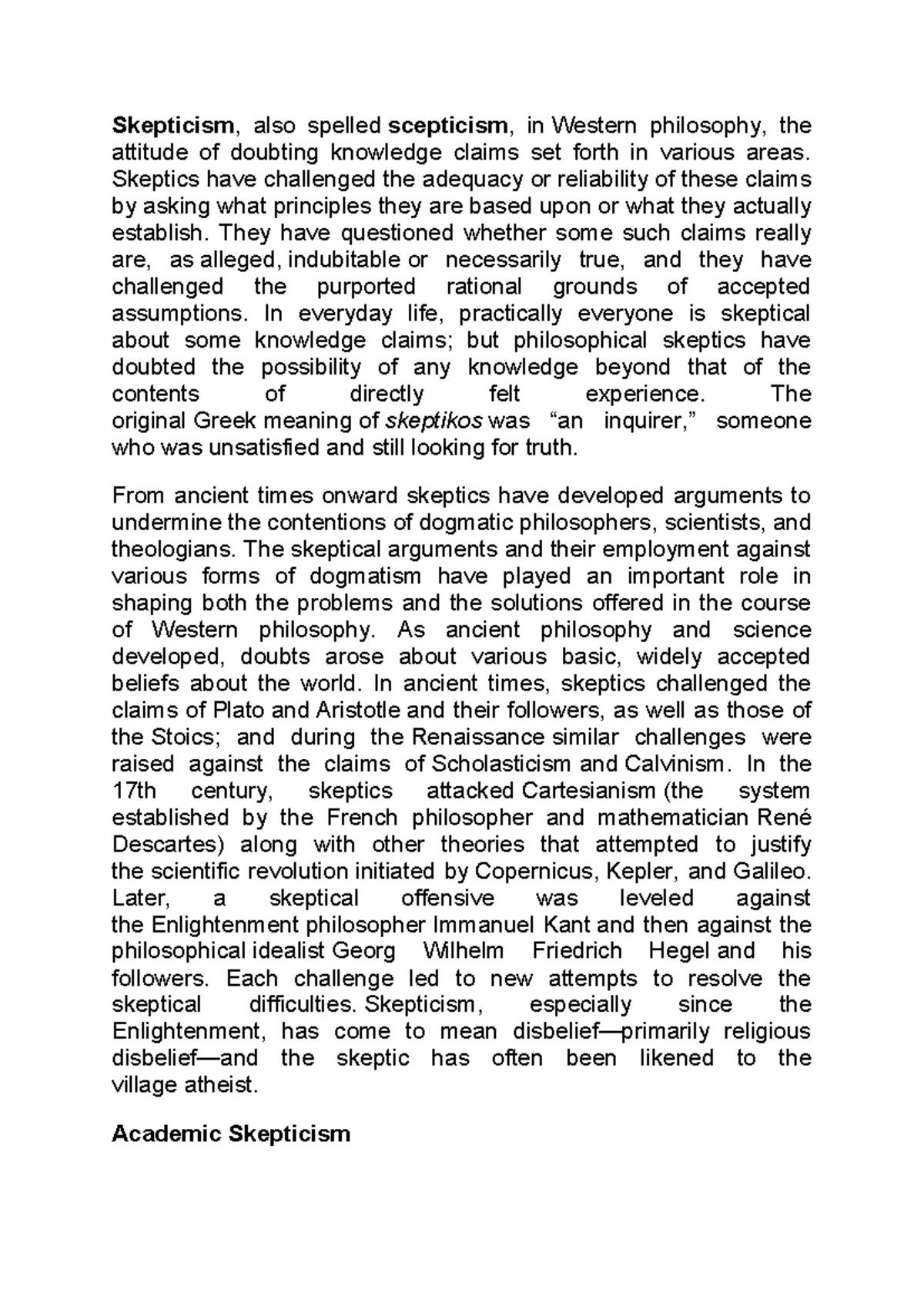 Skepticism in Western Philosophy: An Overview - Activity Notes - Studocu