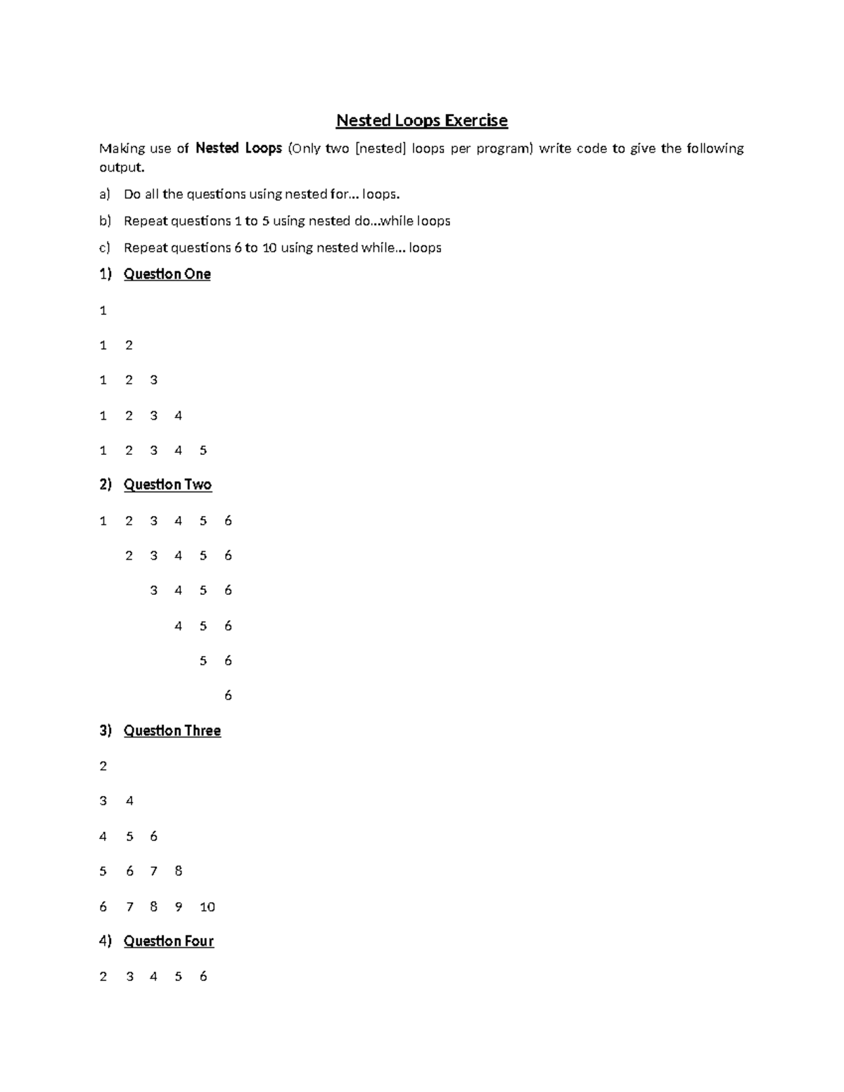 Nested Loops Exercise: Coding Challenges with Two Loops - Studocu
