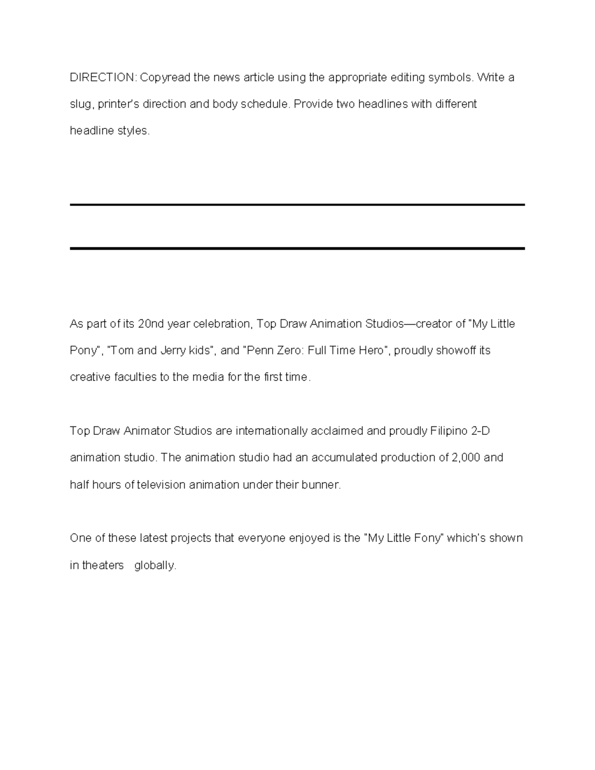 Editing Symbols and Headlines for Top Draw Animation News Article - Studocu