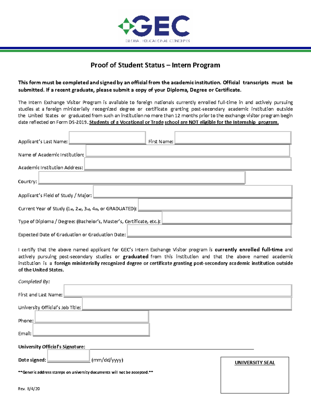 Proof of Student Status for Intern Program: Fillable Form - Studocu